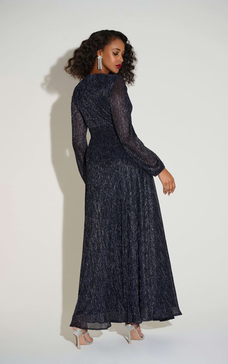 Joseph Ribkoff- Lurex Plissé Mesh Wrap-Front Gown in Navy | floc boutique